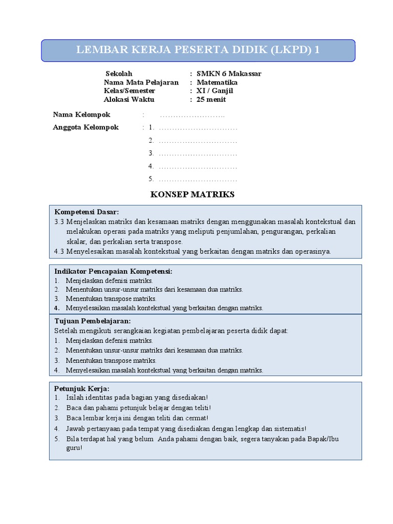LKPD 3 Pertemuan Matriks | PDF | Metode & Bahan Ajar