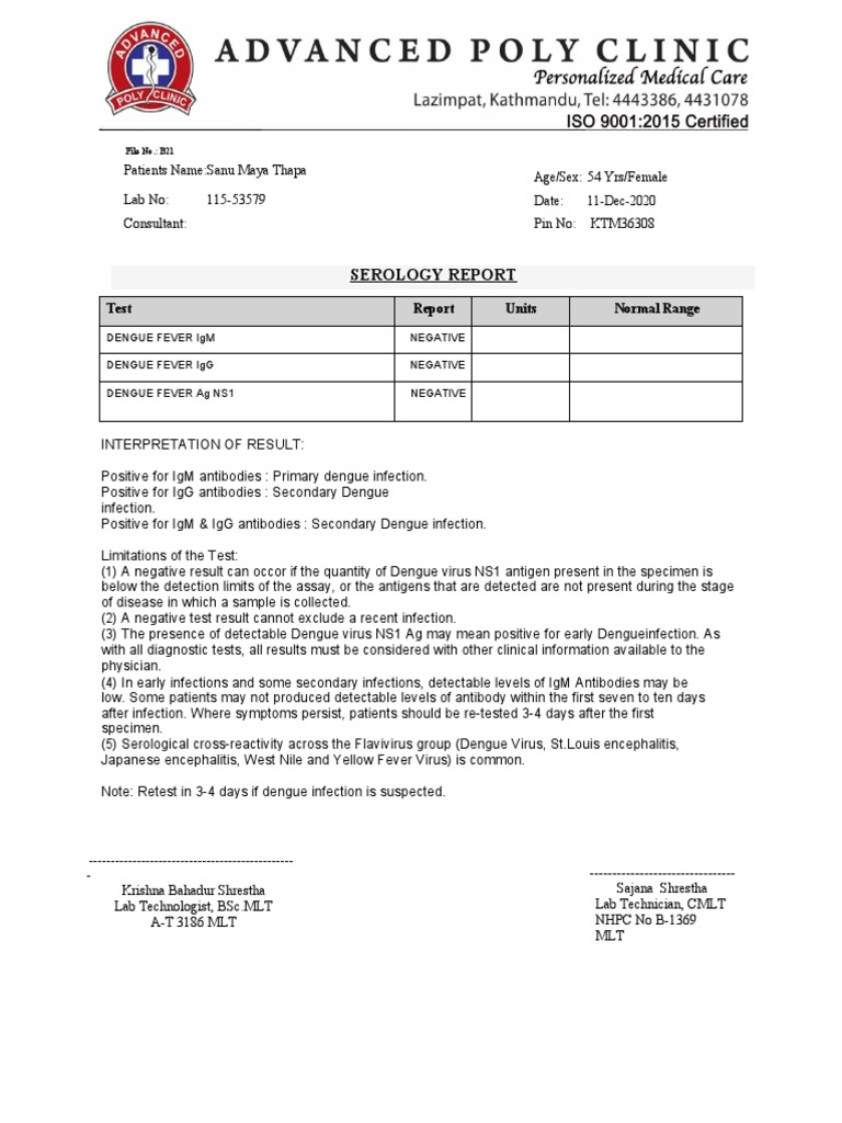 Serology Report: Test Units Normal Range | PDF | Serology | Infection