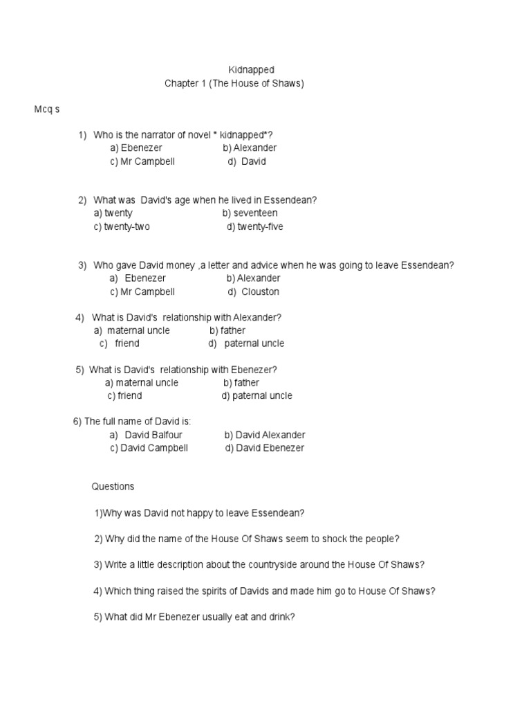 Questions of Kidnapped 1 ST Chapter | PDF