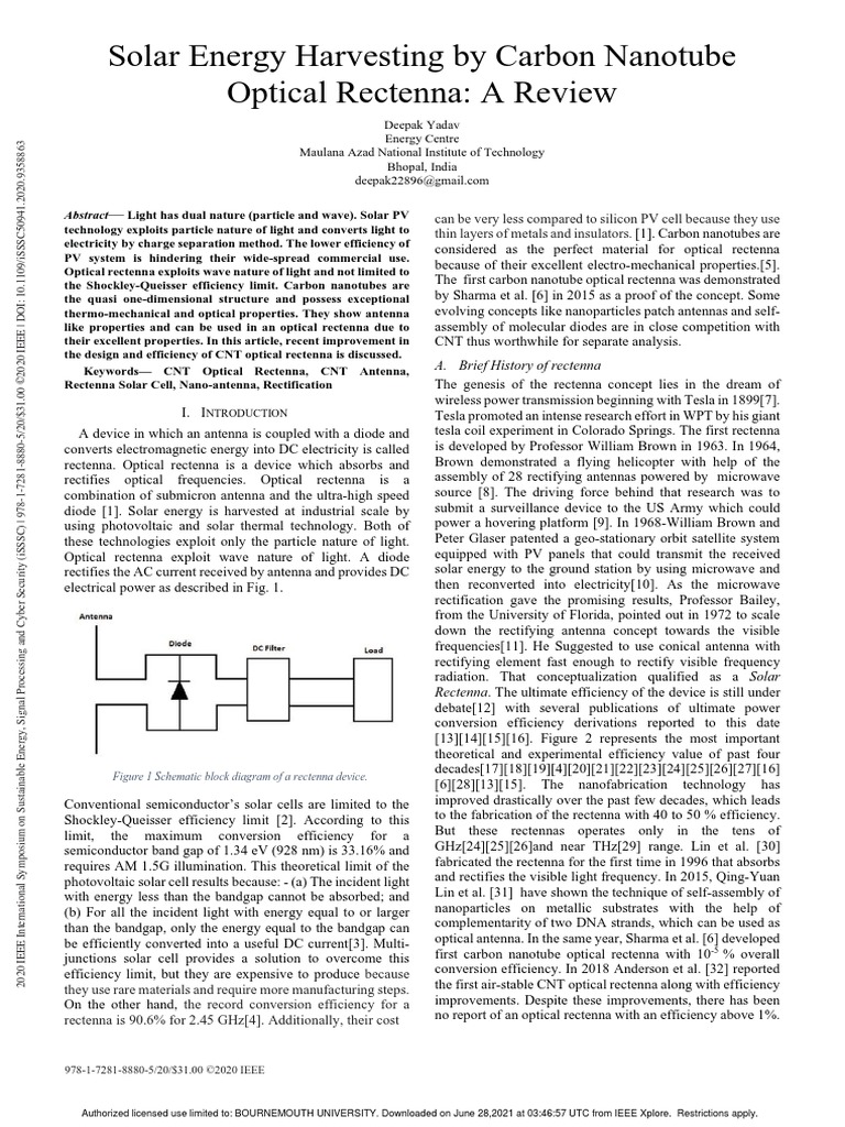 Solar Energy Harvesting by Carbon Nanotube Optical Rectenna: A Review ...