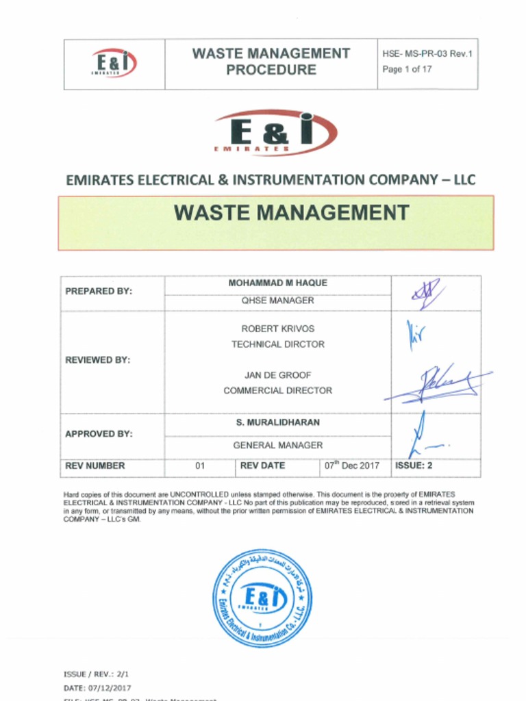 HSE-MS-PR-03 - Waste Management Procedure - Rev 01 | PDF | Waste ...