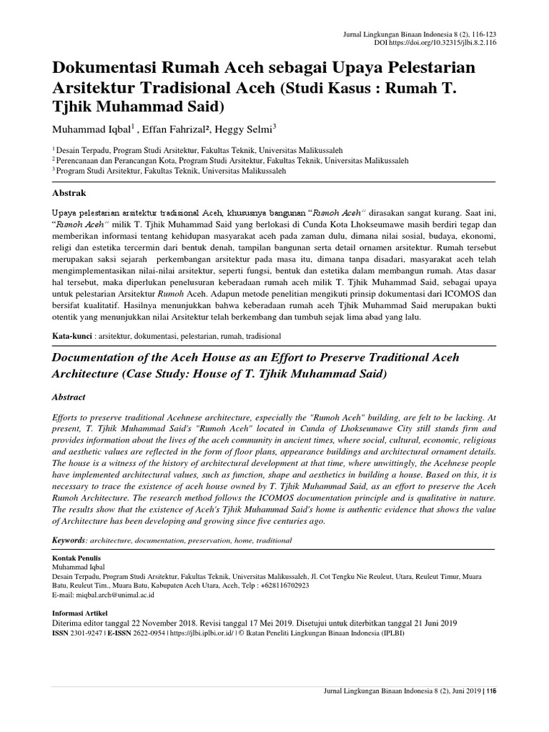 JLBI V8N2 116 123 Dokumentasi Rumah Aceh Sebagai Upaya Pelestarian Arsitektur Tradisional Aceh ...