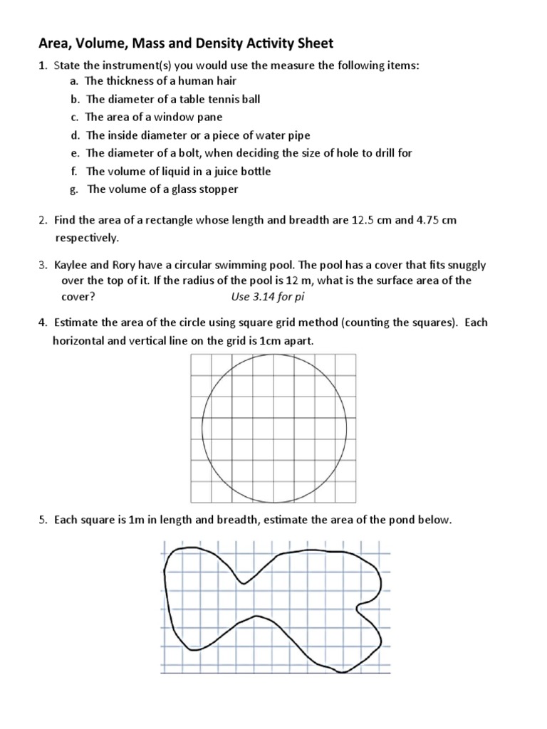 Area, Volume, Mass & Density Worksheet | PDF | Density | Litre