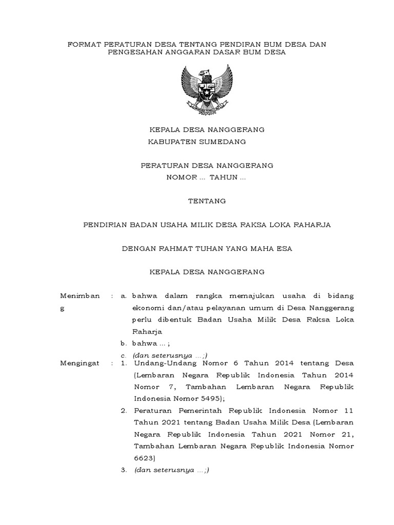 Format Perdes Pembentukan Bumdes | PDF