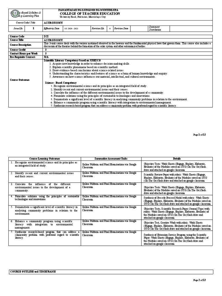 Astronomy Obe Teaching Learning Plan 1st Sem Ay 2020 2021 MR - KCT | PDF | Science | Online And ...