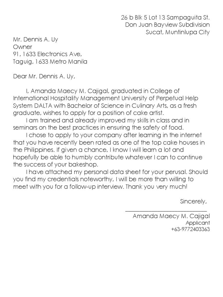 Fresh Graduate Cake Artist Job Application | PDF | Metro Manila | Baking