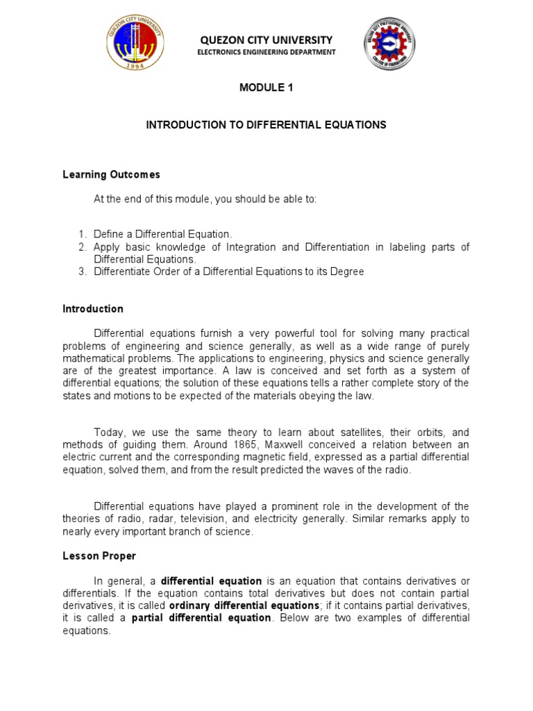 Module - 1 Introduction To Differential Equations | PDF | Differential ...