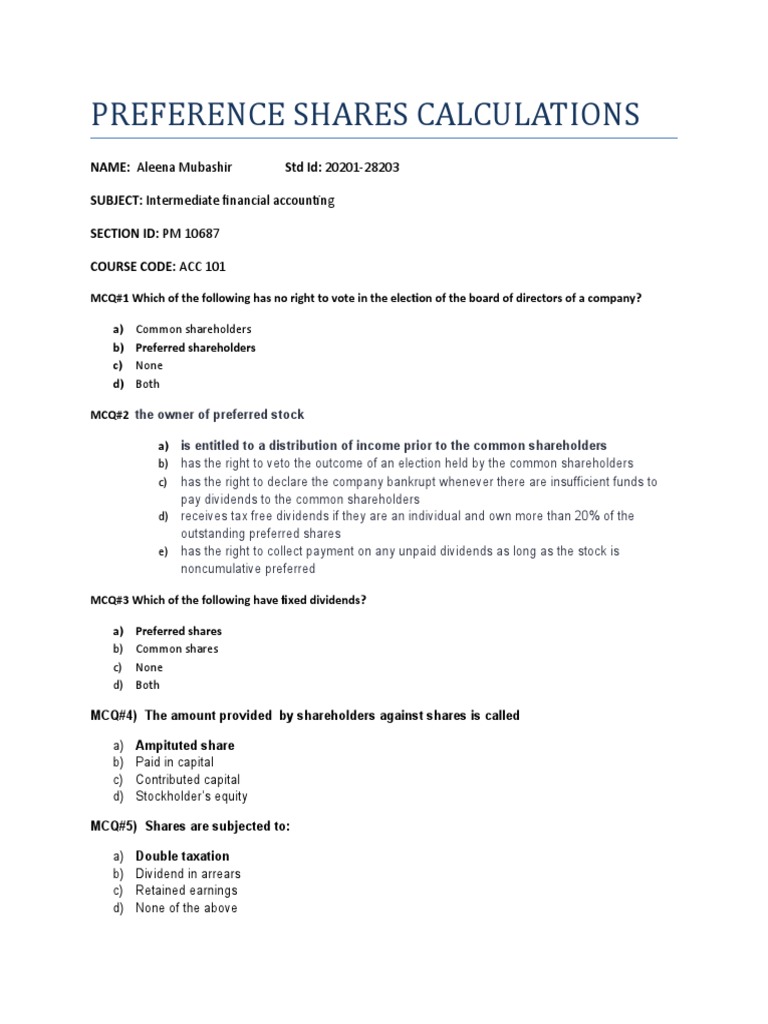 Preference Shares Calculations | PDF | Preferred Stock | Dividend