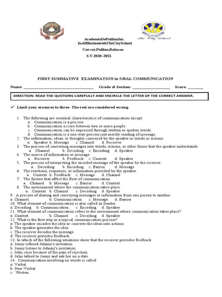 Test Questions in Oral Communication | PDF | Communication | Information