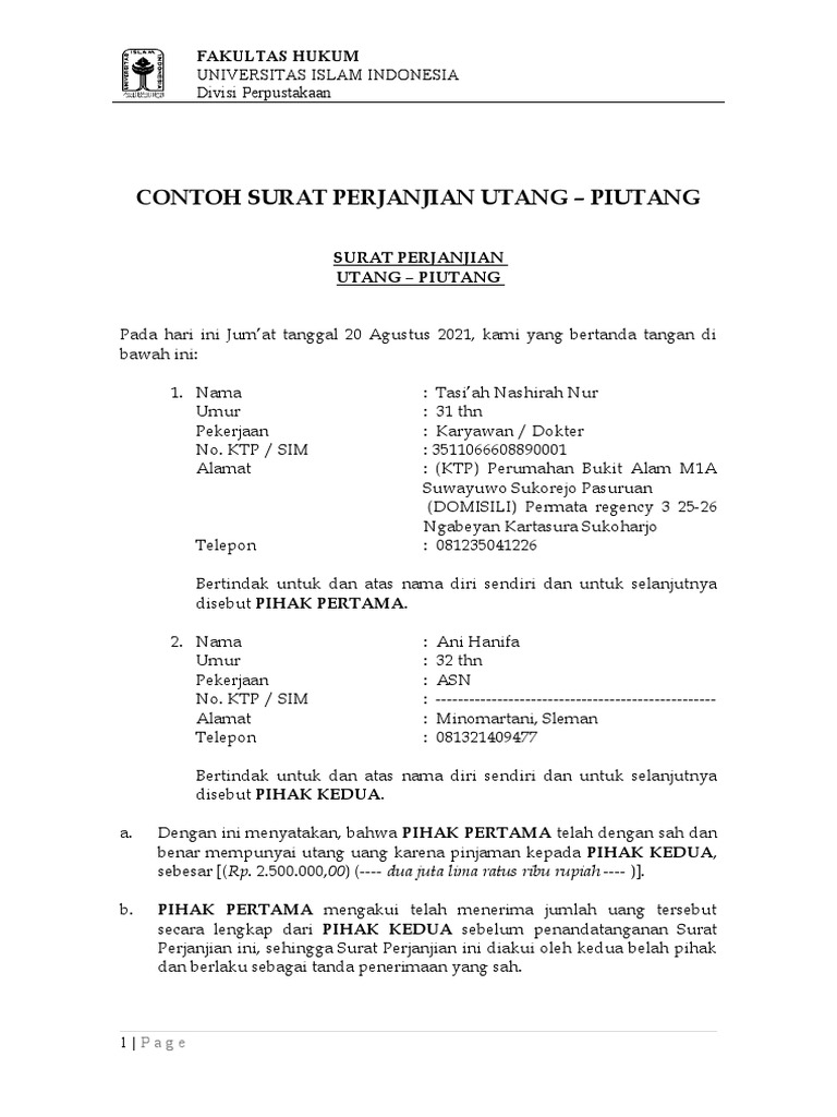 Contoh Surat Perjanjian Utang Piutang FH UII | PDF | Hukum