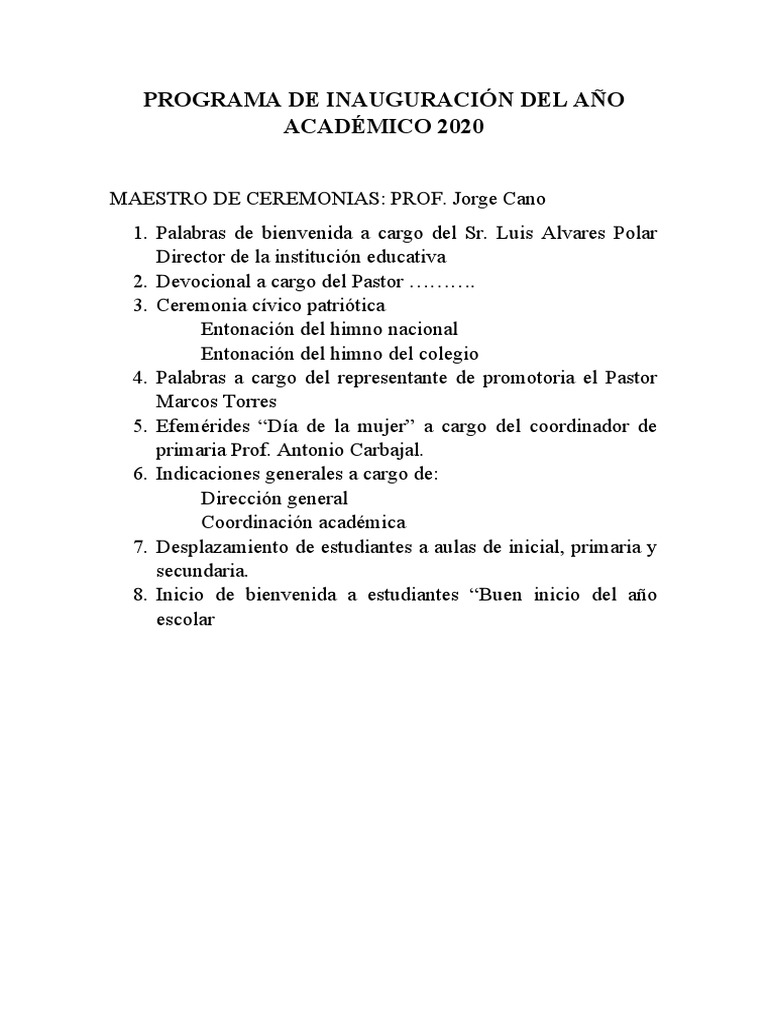Programa de Inauguración Del Año Académico 2020 | PDF