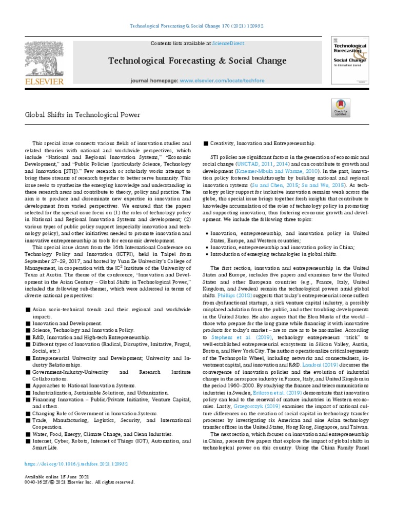 Technological Forecasting & Social Change: Global Shifts in Technological Power | PDF ...