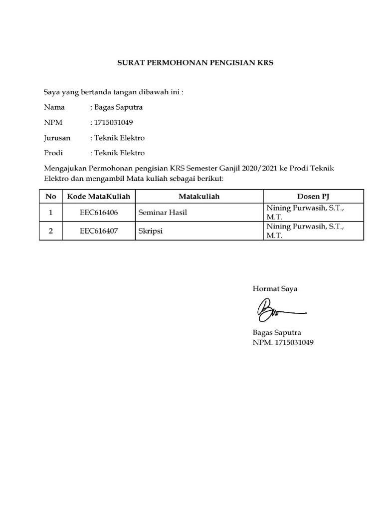 SURAT PERMOHONAN PENGISIAN KRS Ke Prodi | PDF