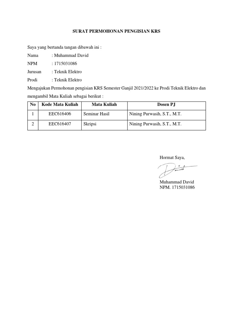 Surat Permohonan Pengisian KRS | PDF