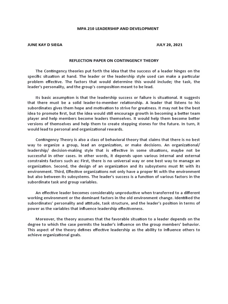 Mpa 210 Leadership and Development: Reflection Paper On Contingency ...