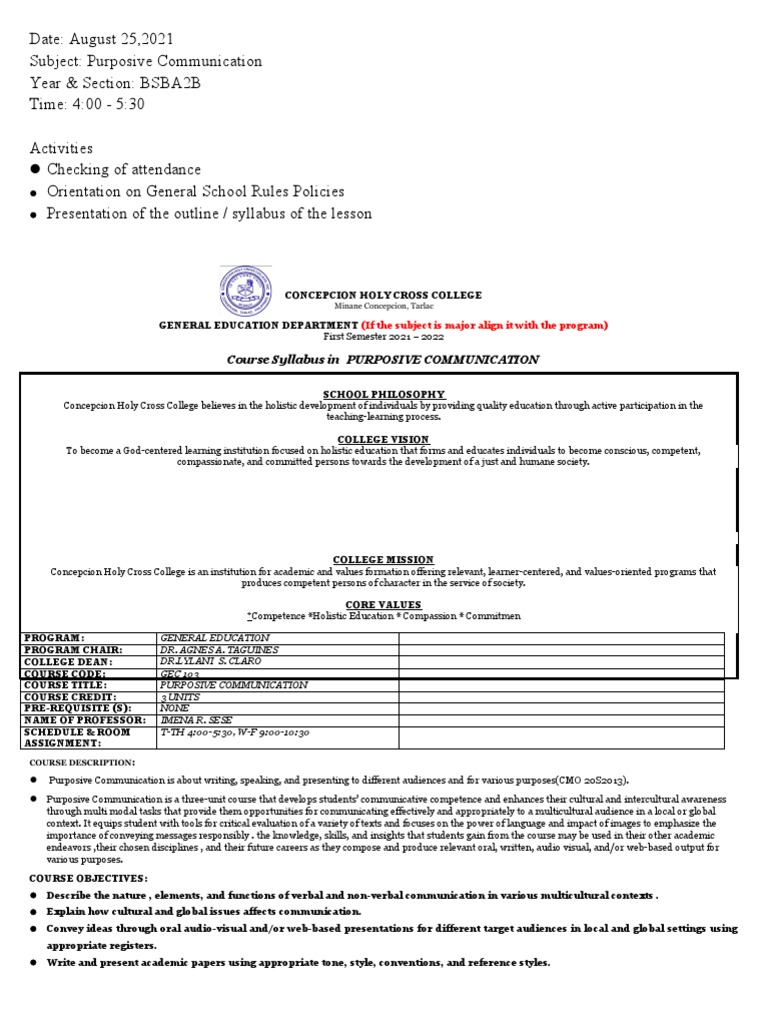 Course Syllabus in Purposive Communication: Concepcion Holy Cross ...
