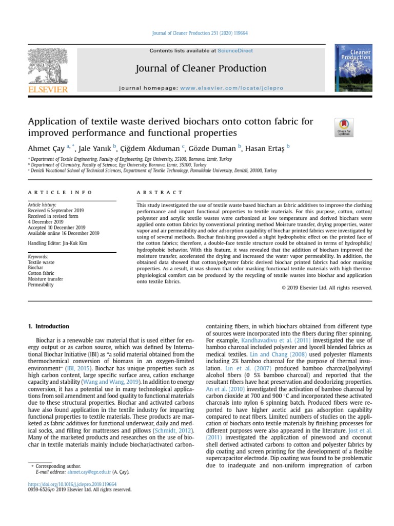 Journal of Cleaner Production: Ahmet Çay, Jale Yan Ik, Çi Gdem Akduman ...