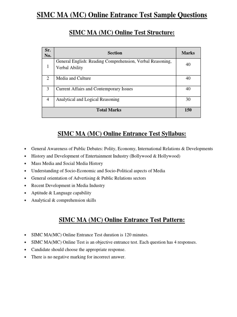 SIMC MA (MC) Online Entrance Test Sample Questions | PDF | Employment ...