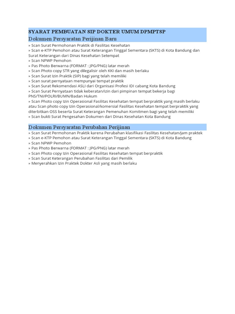 Syarat Pembuatan Sip Dokter Umum DPMPTSP | PDF