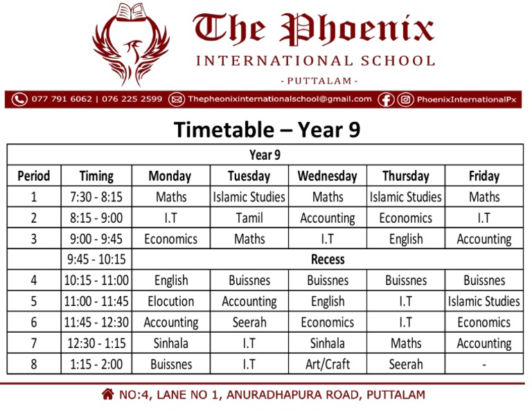 Timetable - Year 9: Period Timing Monday Tuesday Wednesday Thursday ...