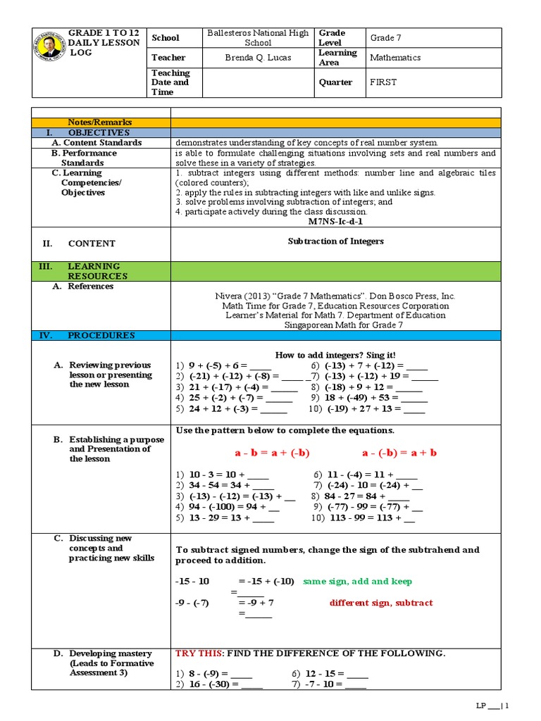 Subtraction of Integers | PDF | Subtraction | Mathematics