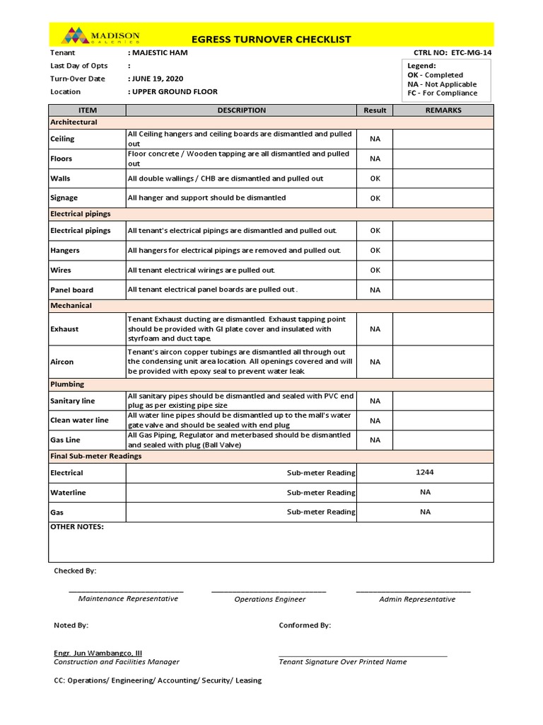 Egress Turnover Checklist MAJESTIC HAM | PDF | Pipe (Fluid Conveyance ...