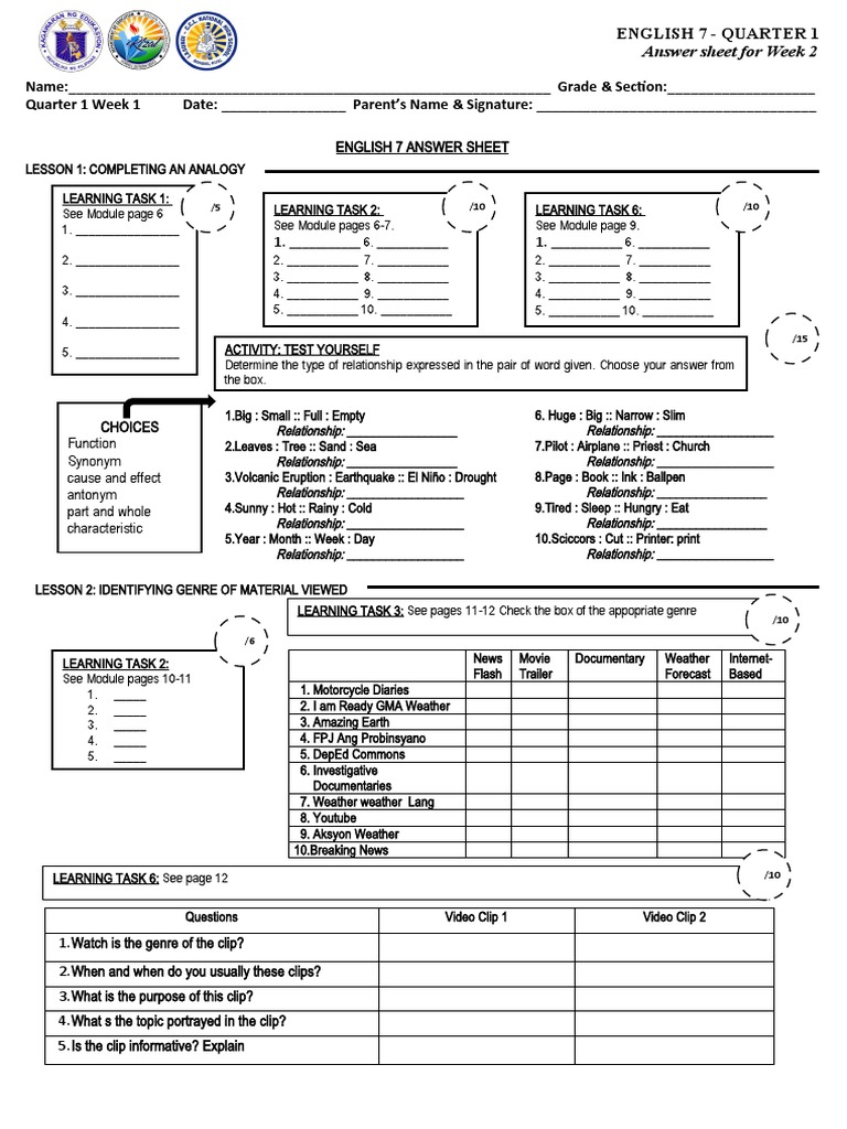 Answer Sheet For Week 2: English 7 - Quarter 1 | PDF | Career & Growth ...