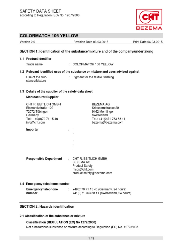 MSDS Colormatch 106 Yellow | PDF | Dangerous Goods | Toxicity
