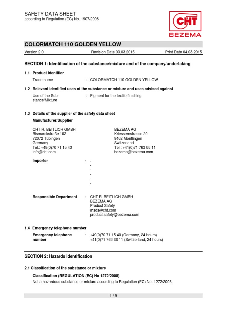 MSDS Colormatch 110 Golden Yellow | PDF | Dangerous Goods | Toxicity