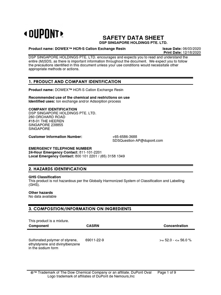 DOWEX HCR-S Cation Exchange Resin SDS | PDF | Toxicity | Firefighting