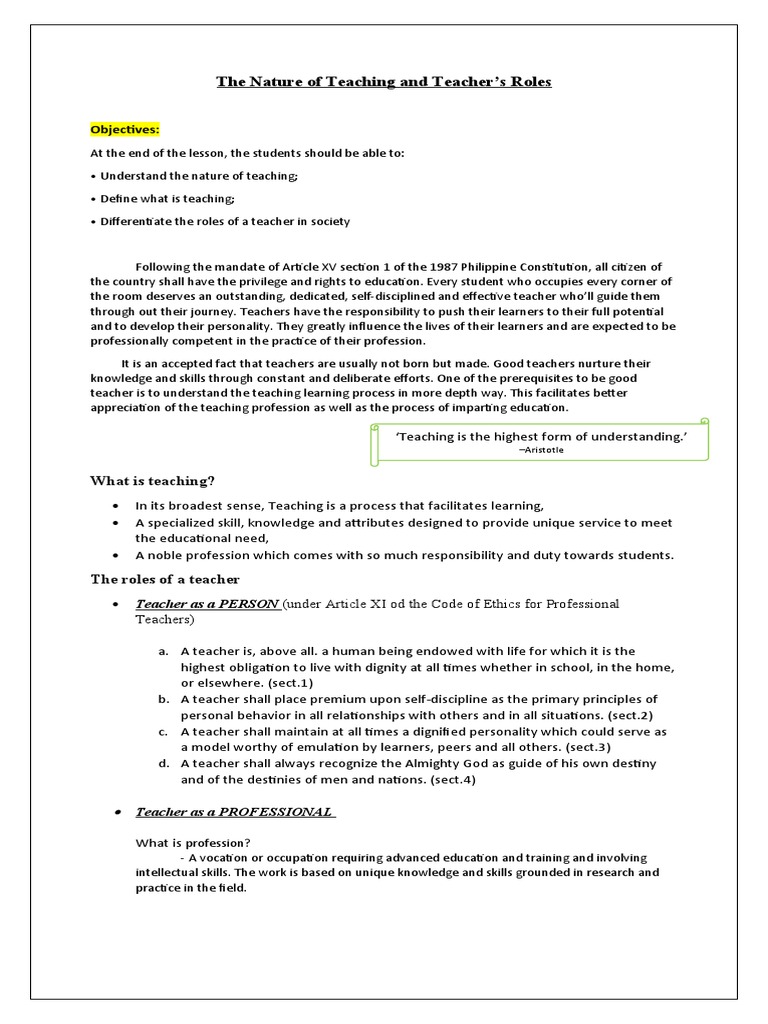 The Nature of Teaching and Teacher's Roles: Objectives | PDF | Teachers ...