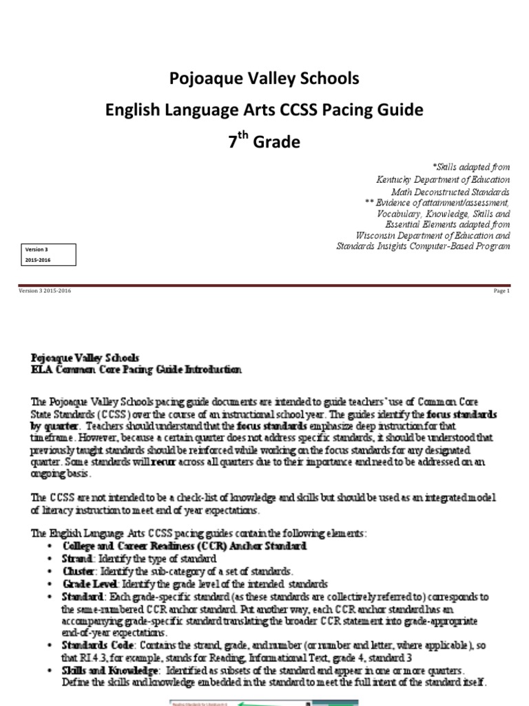 7th ELA Pacing Guide Version 3 | Download Free PDF | Poetry | Common ...