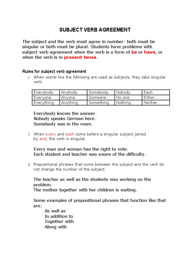 Subject Verb Agreement: Be Have Present Tense | PDF | Subject (Grammar ...