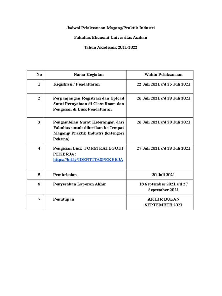 Jadwal Magang dan Praktik Industri | PDF