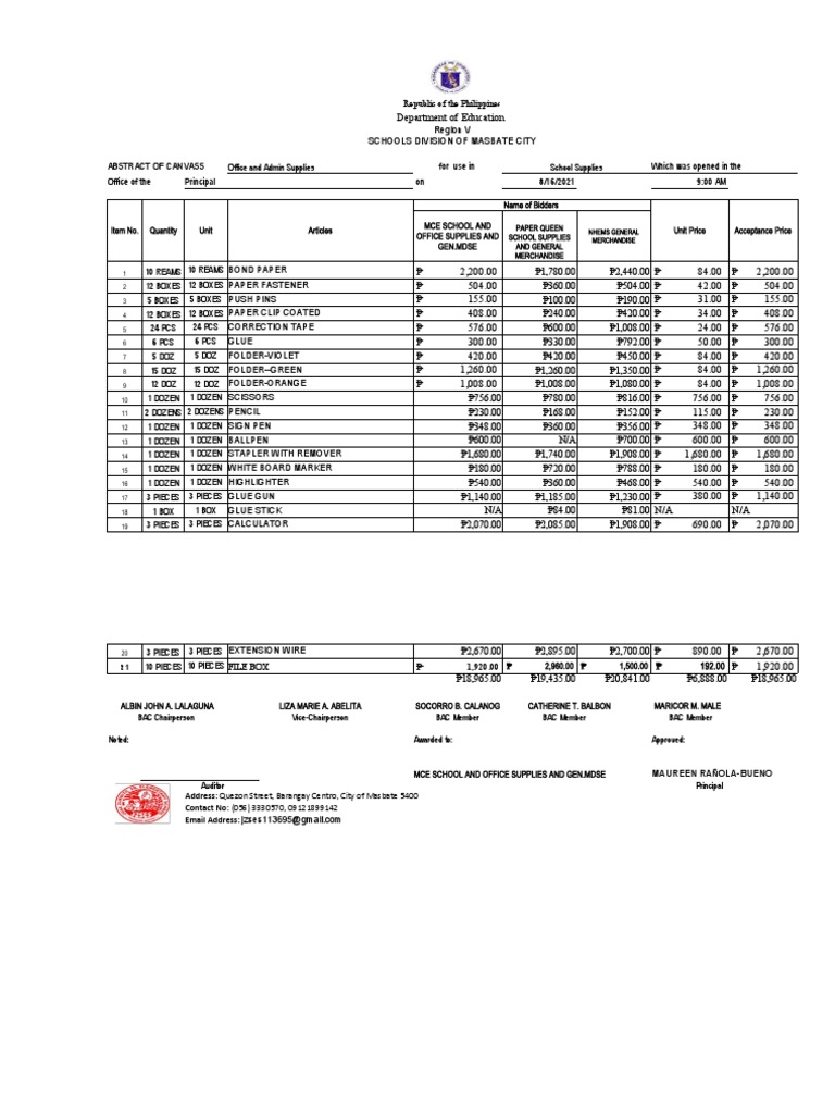 Abstract of Canvass for School Supplies | PDF | International Trade ...