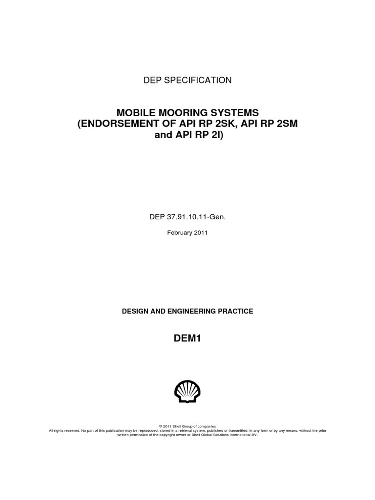 DEP 37.91.10.11-Gen Mobile Mooring Systems (Endorsement of API RP 2SK ...