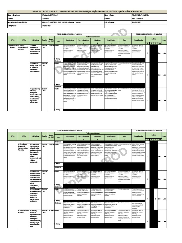 DepEd Prescribed IPCRF Parts 1 4 SY 2020 2021 MALLILIN MARISSA V | PDF ...
