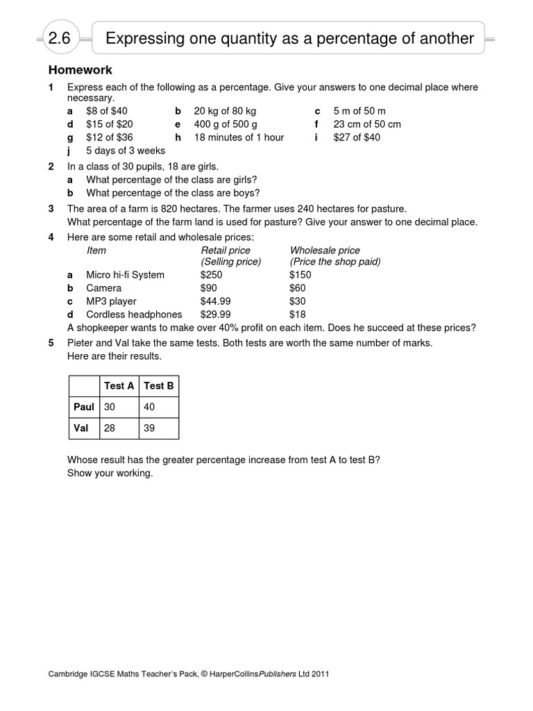 2.6 Expressing One Quantity As A Percentage of Another: Homework | PDF
