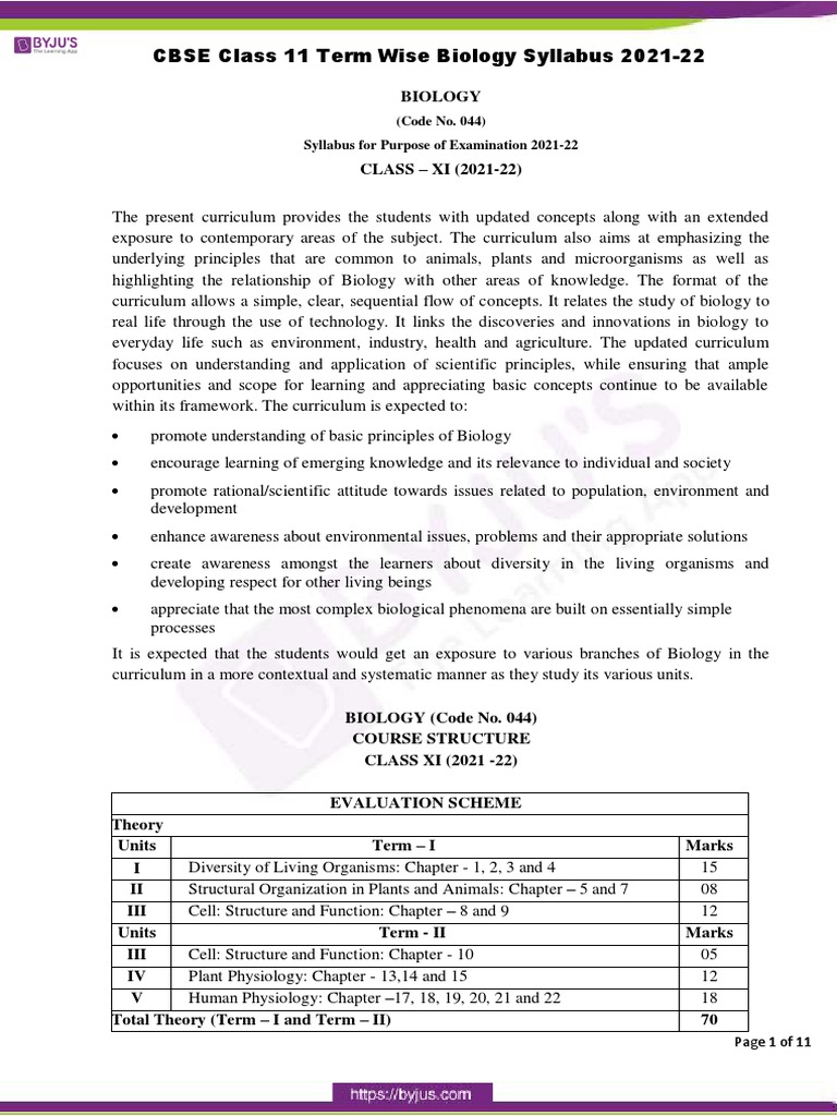 CBSE Class 11 Term Wise Biology Syllabus 2021 22 | PDF | Cell (Biology ...