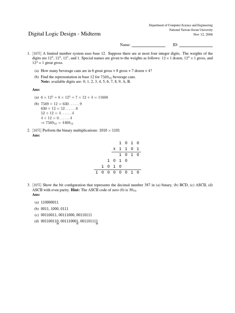 Digital Logic Design Midterm Department Of Computer Science And