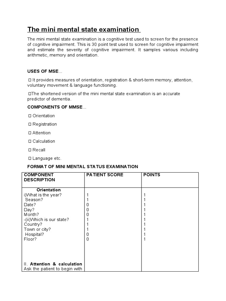 Document 12 MINI MENTAL STATUS EXAMINATION NEW | PDF | Neuroscience ...