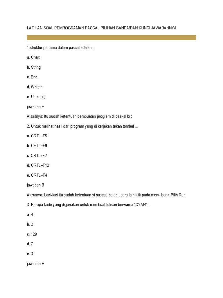 Latihan Soal Pemrograman Pascal Pilihan Ganda | PDF