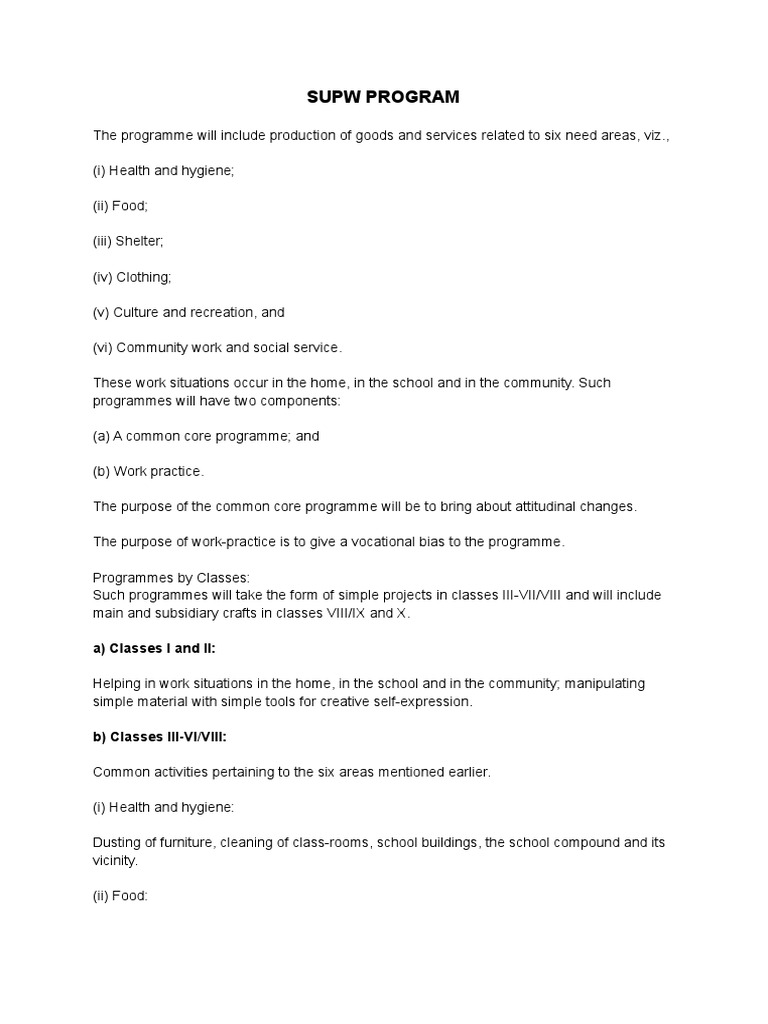 Supw Program: A) Classes I and II | PDF | Hygiene | Foods