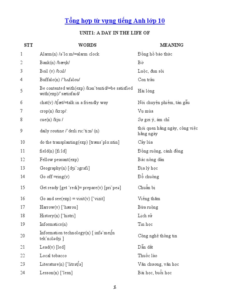 Tong Hop Tu Vung Tieng Anh Lop 10 | PDF