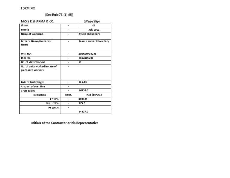 Form Xix (See Rule 78 (1) (B) ) M/S S K Sharma & Co. (Wage Slip) | PDF