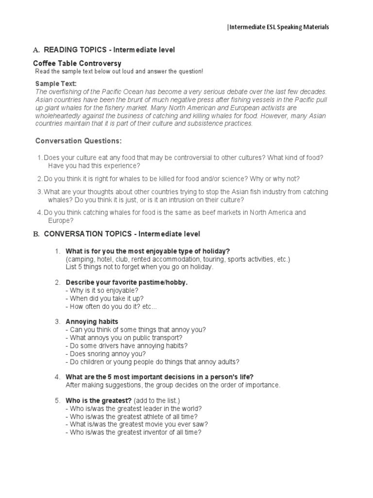 Coffee Table Controversy: A. READING TOPICS - Intermediate Level ...