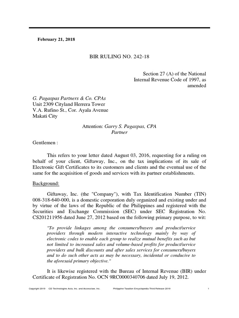 BIR Ruling No. 242-18 (Gift Certs.) | PDF | Value Added Tax | Taxes