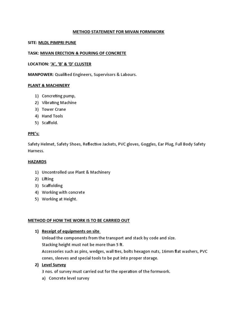 Method Statement For Mivan Formwork | PDF | Concrete | Scaffolding