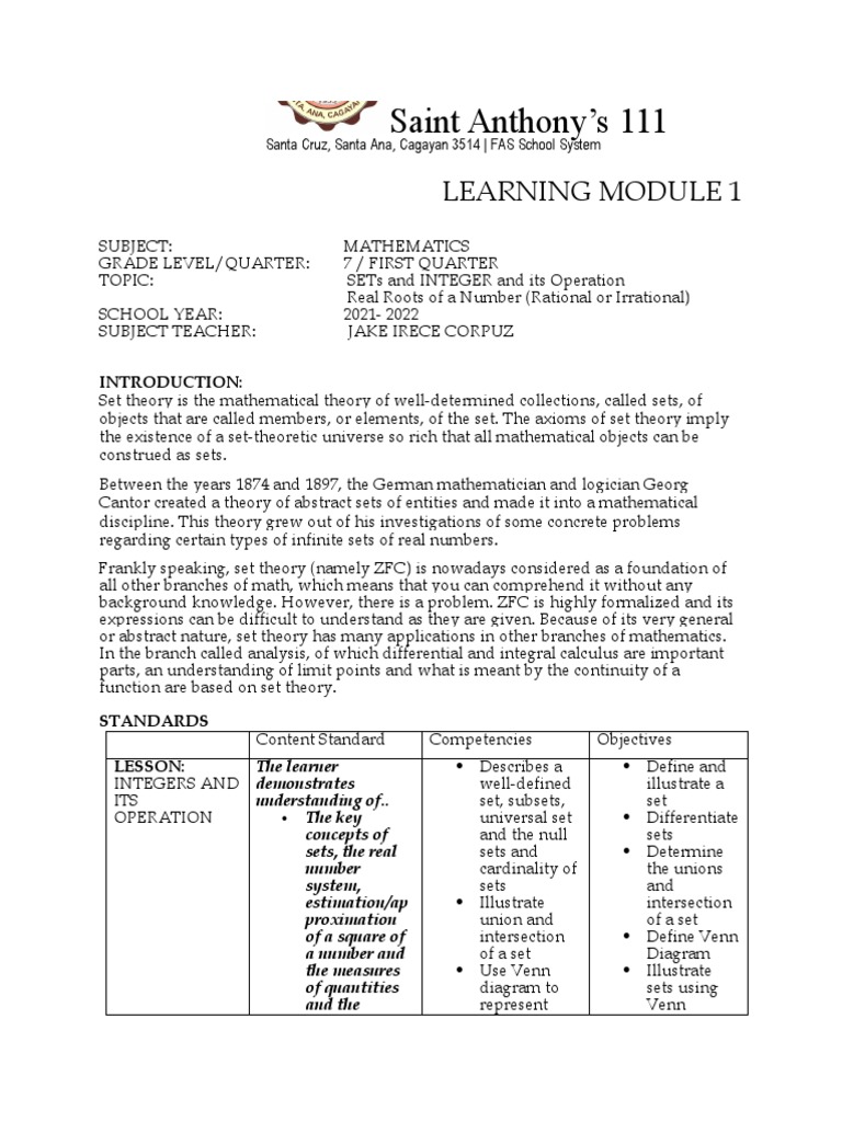 Grade 7 1ST Quarter First Module | PDF | Set (Mathematics) | Numbers