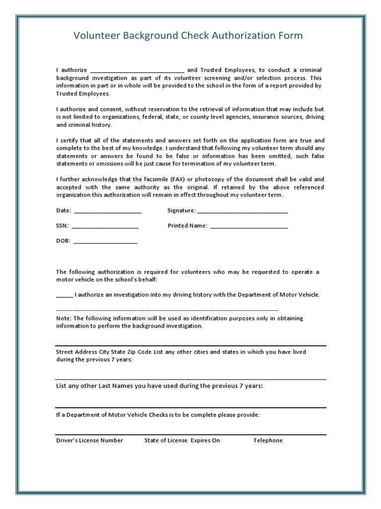 Volunteer Background Check Authorization Form: List Any Other Last ...